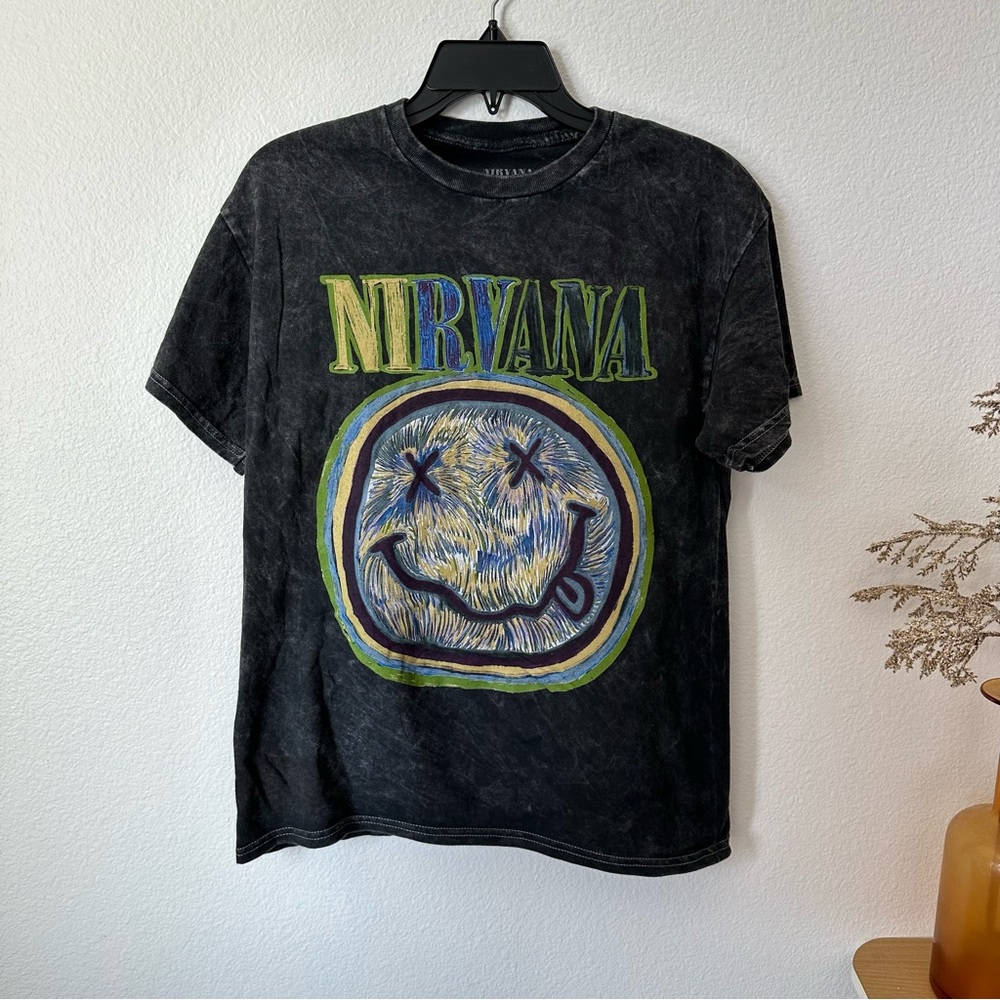Nirvana Smiley Logo Rainbow Acid Wash Graphic Tee - Gem